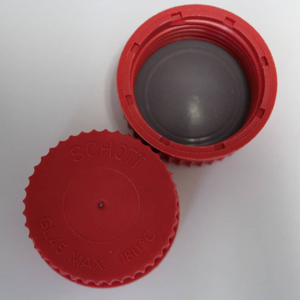 Schroefdop GL45 rood, PBT, max. 180°C, voor laboratorium flessen